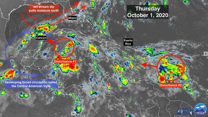 Two Caribbean disturbances head toward the tropical development zone